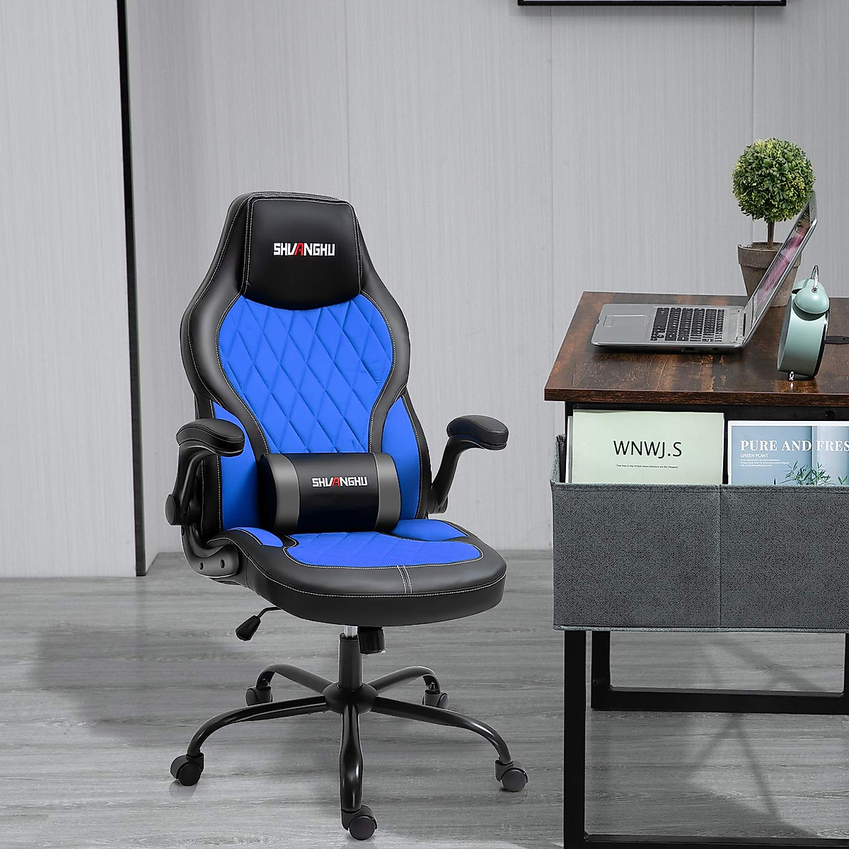 shuanghu Computer Gaming Chair Ergonomic Recliner Office Chair High Back Gaming Chair with Adjustable Headrest and Swivel Armrests and Lumbar Support for Men Women Adults Gamer (Blue)