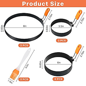 Elesunory 6 Pack Egg Rings for Frying Eggs, Nonstick Pancake Mold, Professional Stainless Steel Egg Mold with Anti-scald Handle, Round Egg Ring for Griddle Muffins Breakfast(8 Inch, 6 Inch, 3.5 Inch)