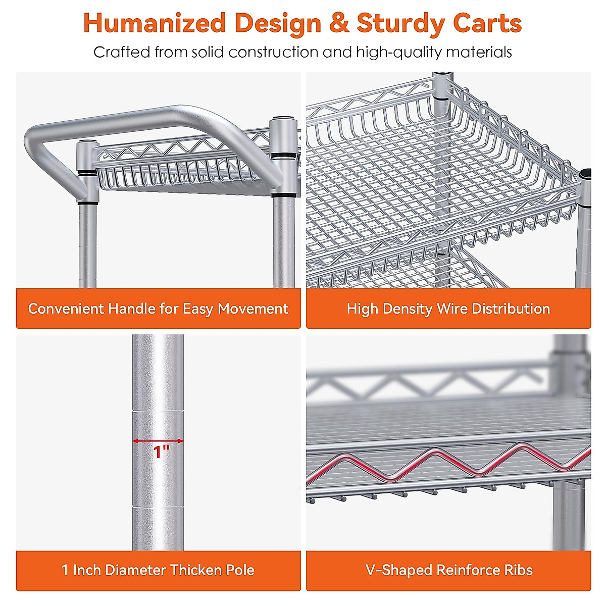 WDT Heavy Duty 3 Tier Rolling Utility Cart, Kitchen Metal Utility Carts with Handle Bar, Utility Shelf Plant Display Shelf Food Cart Storage Trolley with Wheels, Silver