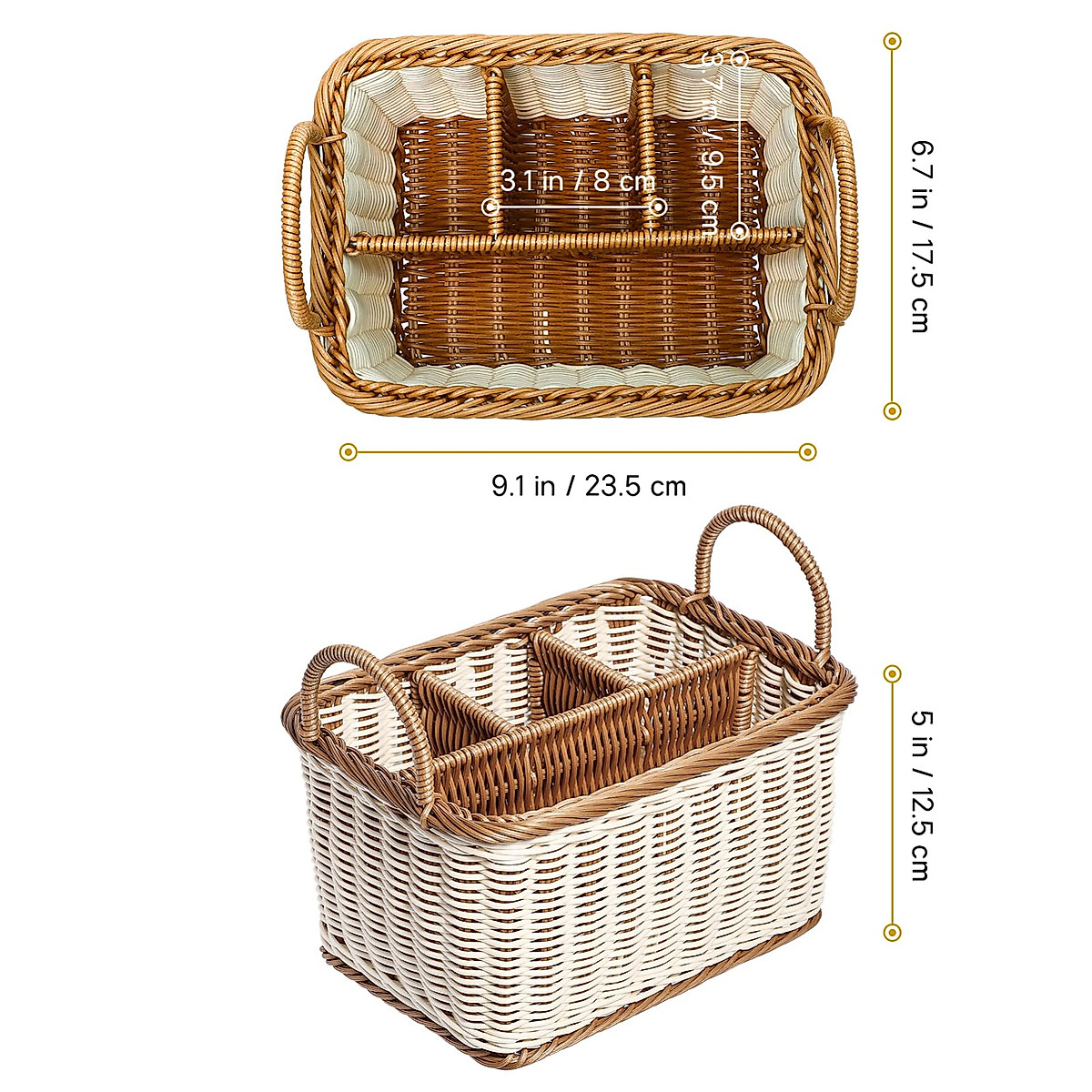 Silverware 4- compartment storage basket woven rattan- desktop basket rectangular organiser box shelves& desks decorative basket for sundries stationery cosmetics Utensil