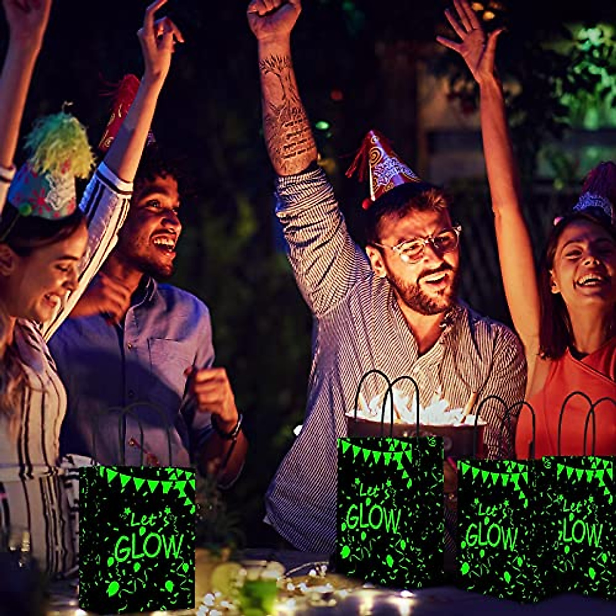 16 Pcs Let's Glow Party Favor Bags Glow Gift Bags Glow in The Dark Party Supplies Neon Theme Party Favors Luminous Gift Wrap Bags for Treats Candy Goodie Kids Birthday Party Decorations