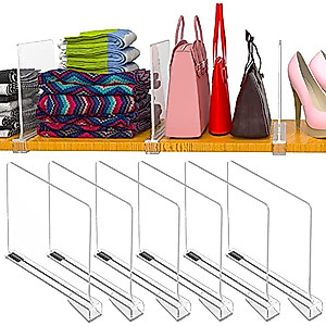 6 Pack Closet Shelves, Shelf Dividers, Clear Acrylic Shelf Divider for Closets, Wood Shelf Dividers Purse Organizer Separators, Closet Shelf Organizer for Kitchen Cabinets Storage Clothes Organization