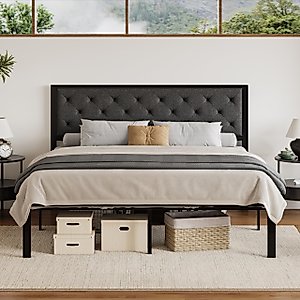SHA CERLIN King Size Metal Platform Bed Frame with Linen Fabric Upholstered Button Tufted Headboard, Mattress Foundation with 12.4” Storage, No Box Spring Needed, Easy Assembly, Dark Grey