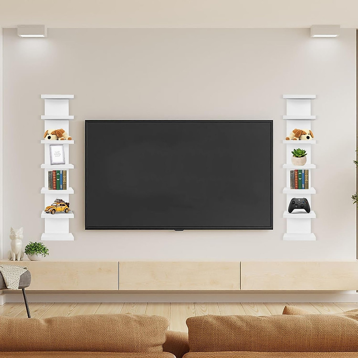 home stuff 7-Tier Wall Shelf Unit - Slim Vertical Column with Smooth Laminate Finish. Perfect for Bedrooms, Living Rooms. Stylish Floating Storage & Decor Organizer Tower (White). (2)