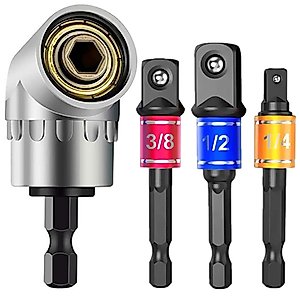 Impact Grade Power Hand Tools Driver Sockets Adapter Extension Set, 3Pcs 1/4 3/8 1/2" Hex Shank Drill Nut Driver Bit Set + 105 Degree Right Angle Driver Extension Screwdriver Drill Attachment