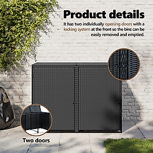 vidaXL Double Wheelie Bin Shed with Lid and Lockable Doors, Outdoor Garbage Bin Storage Shed, Weather-Resistant Sturdy Construction, Poly Rattan 31.5"x58.3"x43.7" Black