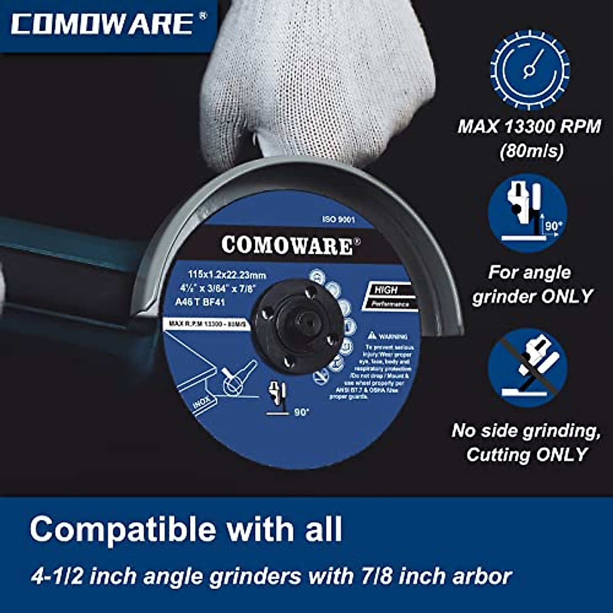 COMOWARE 4-1/2 Inch Cordless Angle Grinder, 20V Brushless Angle Grinder Tool w/ 4.0Ah Lithium-Ion Battery & Fast Charge, Ergonomic Button Position for Reducing Hand Pressure (Cut Off Wheel)