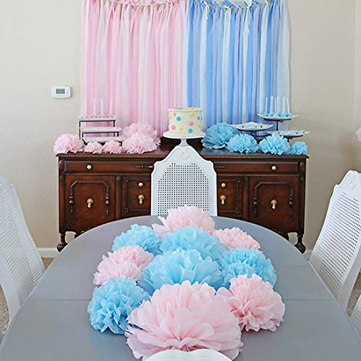 HappyField 12PCS 10” 12” Baby Pink Blue White Tissue Paper Pom Poms Flower Gender Reveal Party Supplies Gender Reveal Party Decorations Boy or Girl Baby Shower Decorations Pink and Blue Decorations