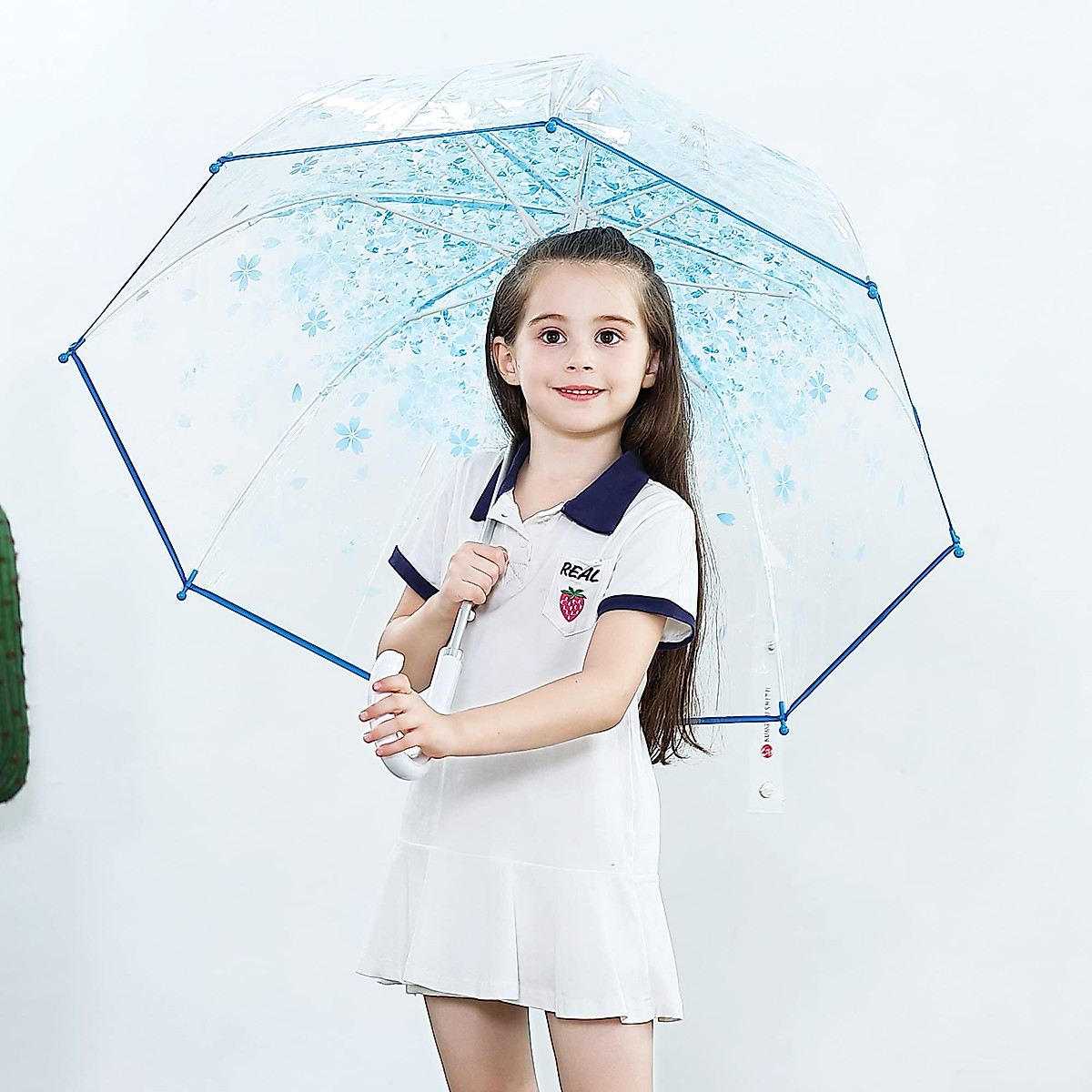 Kung Fu Smith Women Half Automatic Clear Flower Bubble Dome Shape Wind Stick Rain Umbrella, Blue