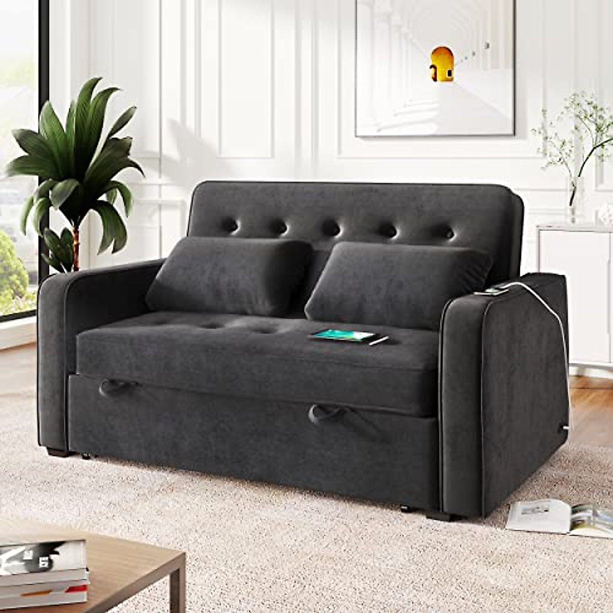 PURLOVE 65.7" Linen Pull Out Sleep Sofa Bed,Upholstered Sleeper Bed with Dual USB Charging Port,Loveseats Sofa Couch with Adjustable Backrest for Living Room Office