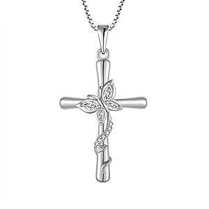 Blaniy Cross Necklace for Women 925 Sterling Silver Butterfly Necklace April Birthstone Pendant Necklace with Cubic Zirconia Jewelry Gifts for Women