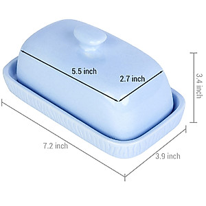 MyGift Sky Blue Ceramic Butter Dish with Lid, Butter Keeper Holder with Raised Sides and Etched Design, Rectangular East Coast Butter Stick Margarine Tray with Cover