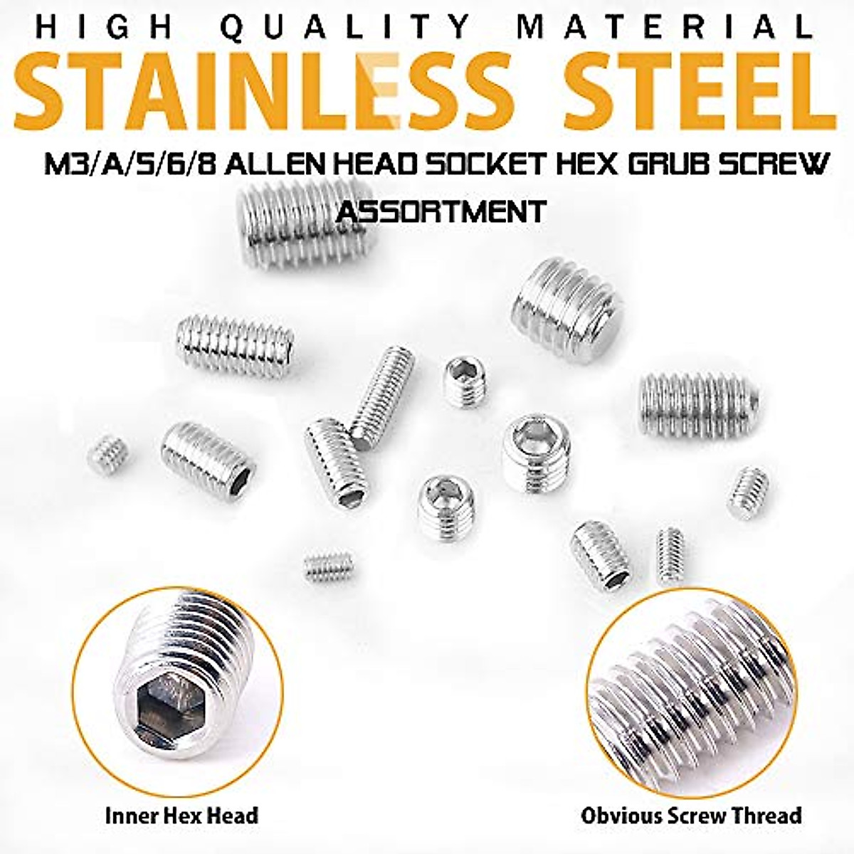 VIGRUE 300Pcs Set Screw Assorted M2.5/M3/M4/M5/M6/M8 Hex Allen Head Socket Grub Screw Assortment Kit with Internal Hex Drive, 304 Stainless Steel (Metric)
