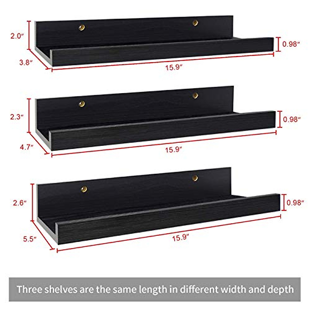 16 Inch Black Floating Shelves Set of 3, Picture Ledge Wall Mount Shelf for Bedroom, Living Room, Office, Kitchen