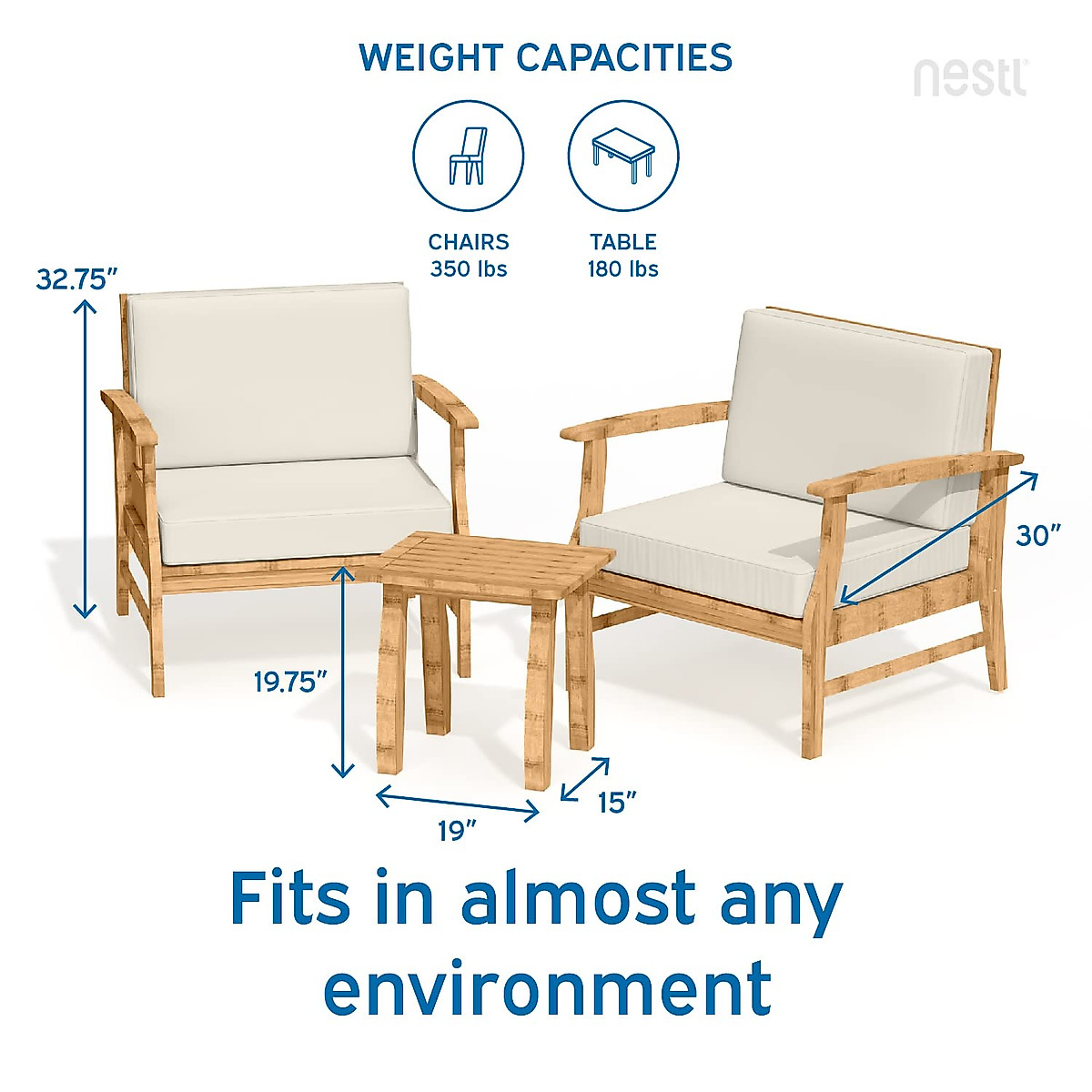 Nestl Small Patio Furniture Set – Patio Bistro Set 3 Piece Outdoor with Patio Chairs, Acacia Wood Balcony Furniture with Outdoor Chairs Set of 2, Natural Wood Patio Chairs with Off White Cushions