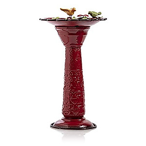 Alpine Corporation 28" Tall Outdoor Metal Birdbath with Birds and Leaves Yard Statue Decoration, Red