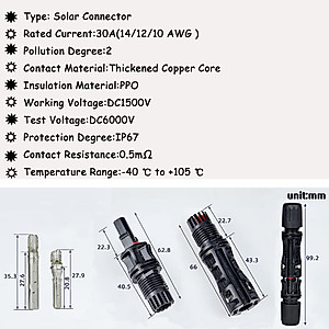 BAYM Connector Male Female Solar Panel Connector 30A 1500V for PV Cable 2.5/4/6mm 14/12/10 AWG Connect UV Resistant(5Pairs)