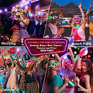 Kisure 48PCS Glow in the Dark Party Supplies, Wedding Light Up Party Favors - 24pcs 16" Foam Glow Sticks, 12pcs LED Glasses and Bunny Ear Headband for Halloween Concert Carnival Birthday Neon Party