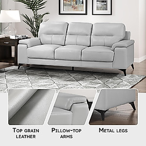 Lexicon Leather Couch, Modern Couch Sofa, Top Grain Leather Sofa, Oversized Sofa for Living Room, Bedroom, Office, Apartment, 3-Seater Couches, Silver Gray