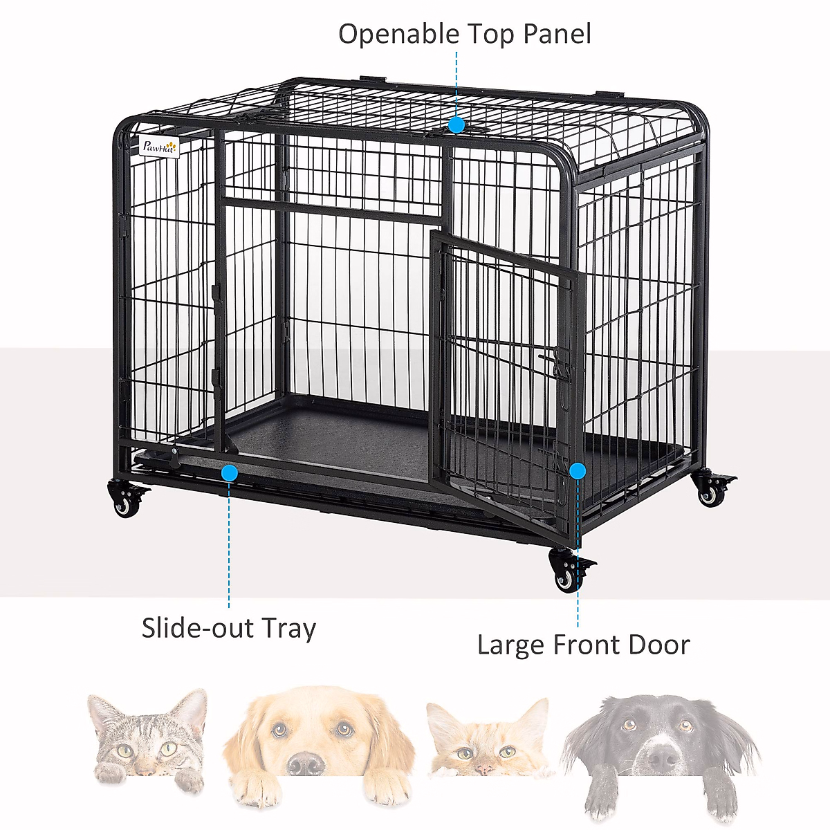 PawHut Folding Design Heavy Duty Metal Dog Cage Crate & Kennel with Removable Tray and Cover, & 4 Locking Wheels, Indoor/Outdoor 37"