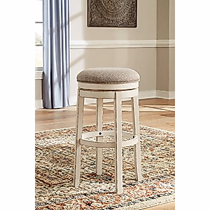 Signature Design by Ashley Realyn French Country Upholstered Swivel Bar Height Bar Stool with Foam Cushioned Seat, White & Beige