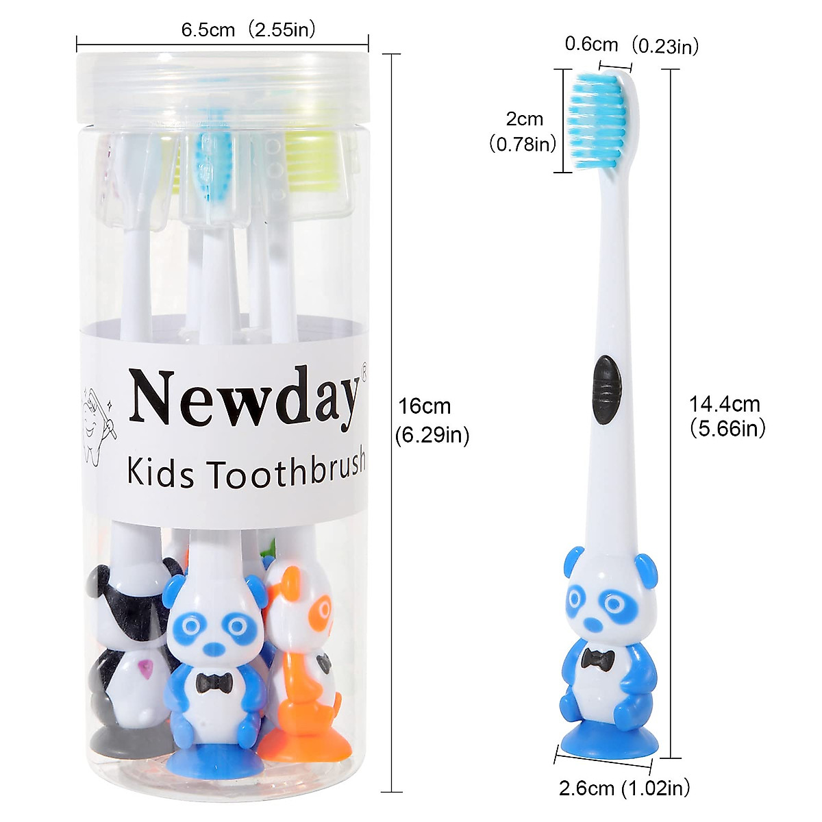 Newday Kids toothbrushes 6 Pack Set Soft Bristles with Suction Cup, Includes Travel Covers, Bear Panda toothbrushes for Kids Boys & Girls, Toddlers &Children Teeth Age 3+