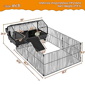 Yaheetech 39'' Rabbit Cage Rolling Small Animal Cage with Playpen/Ramps/Water Bottle/Hay Feeder/Bowl for Guinea Pigs, Chinchillas, Hedgehogs, Tortoises, Pet Cage for Rabbit Indoor, Black