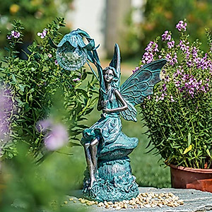 TERESA'S COLLECTIONS Garden Statues Fairy Sculptures & Statues, Solar Garden Figurines Outdoors Decor, Patina Bronze Garden Art for Yard Decor 13.8 Inch