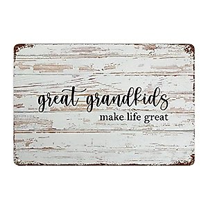 Family Lettering Rustic Metal Sign Wall Art Decor Great Grandkids Make Life Great Wood Grain Funny Vintage Aluminum Sign for Courtyard Garden Bar Coffee Decor 8x12in