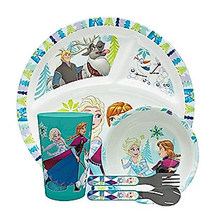 Zak Designs Disney Frozen Kids Dinnerware 5 Piece Set Includes Plate, Bowl, Tumbler and Utensil Tableware, Non-BPA Made of Durable Material and Perfect for Kids