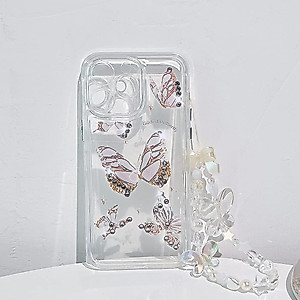 Casechics Compatible with iPhone Case,Luxury Crystal Clear Cute Bling Butterfly Wristband Strap Bracelet Chain Transparent Soft Shockproof Cover Phone Case (White,iPhone 15 Plus)