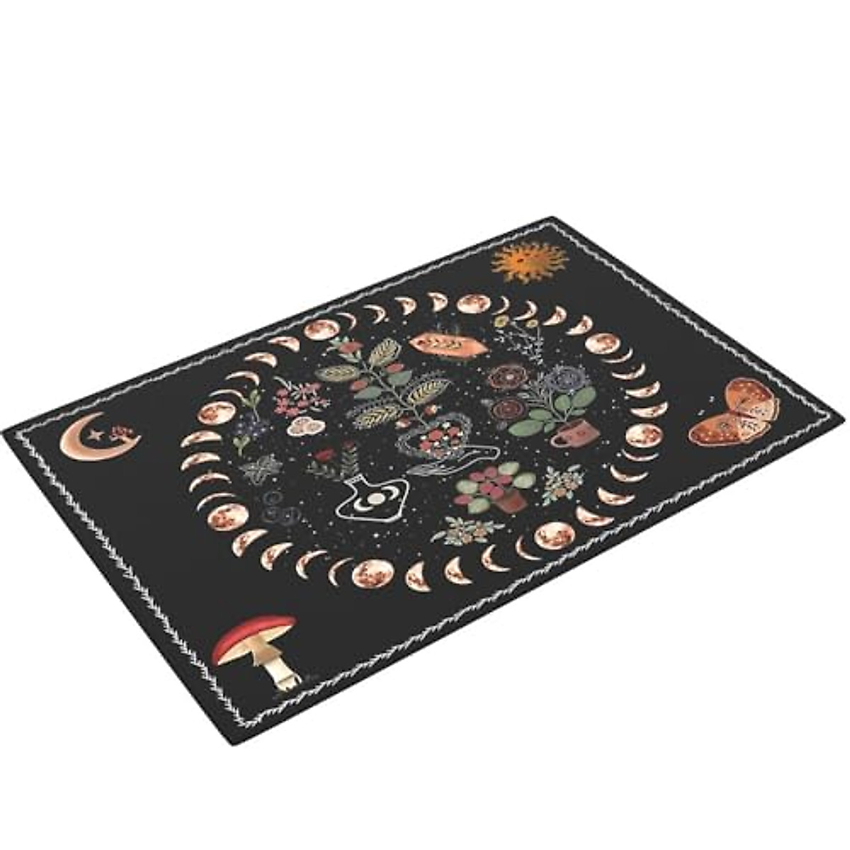 LGGQQW Black Starry Botanical Sun Moonlit Mushroom Area Rug Floral Hippie Moon Phase Carpet for Aesthetic Color 24inch x 36inch