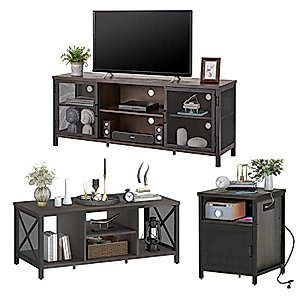 FATORRI Industrial TV Stand, Coffee Table and End Table with Charging Station for Living Room (Walnut Brown)