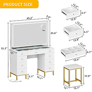 YITAHOME Vanity Desk Set, with XL LED Lighted Mirror Magnifying Glass & Power Outlet, 9 Drawers Makeup Vanities Dressing Table with Stool, White, 47 Inches