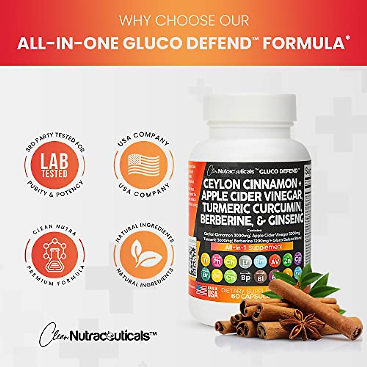 Clean Nutraceuticals Ceylon Cinnamon 3000mg Turmeric 3000mg Apple Cider Vinegar 3000mg Ginseng 2000mg Berberine 1200mg Plus Bitter Melon Gymnema Milk Thistle Fenugreek