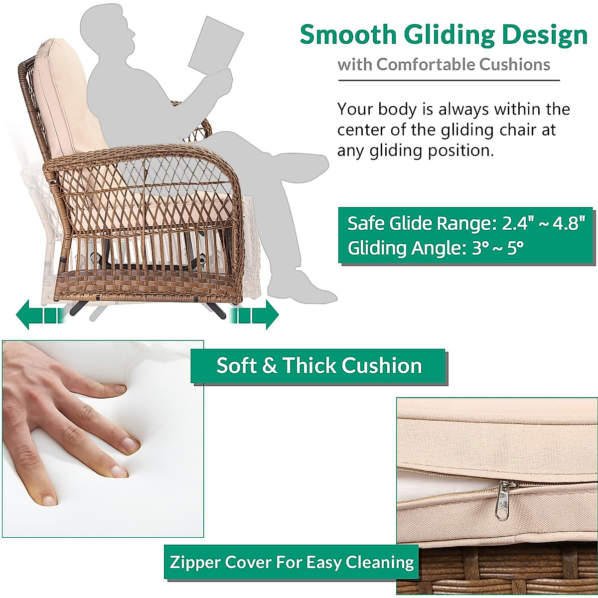 VIVIJASON 3-Piece Outdoor Patio Furniture Set, Outdoor Wicker Glider Rocking Chairs Rattan Conversation Bistro Sets w/ 2 Rattan Cushioned Chairs and Glass Top Side Table for Porch Backyard