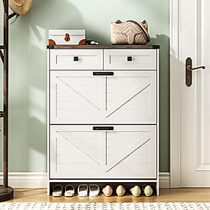 Halitaa Shoe Storage Cabinet with 2 Flip Drawers & 2 Drawers,Shoe Cabinet Storage with Legs for Entryway,Freestanding Shoes Organizer Cabinet,Farmhouse Slim Shoe Cabinet White