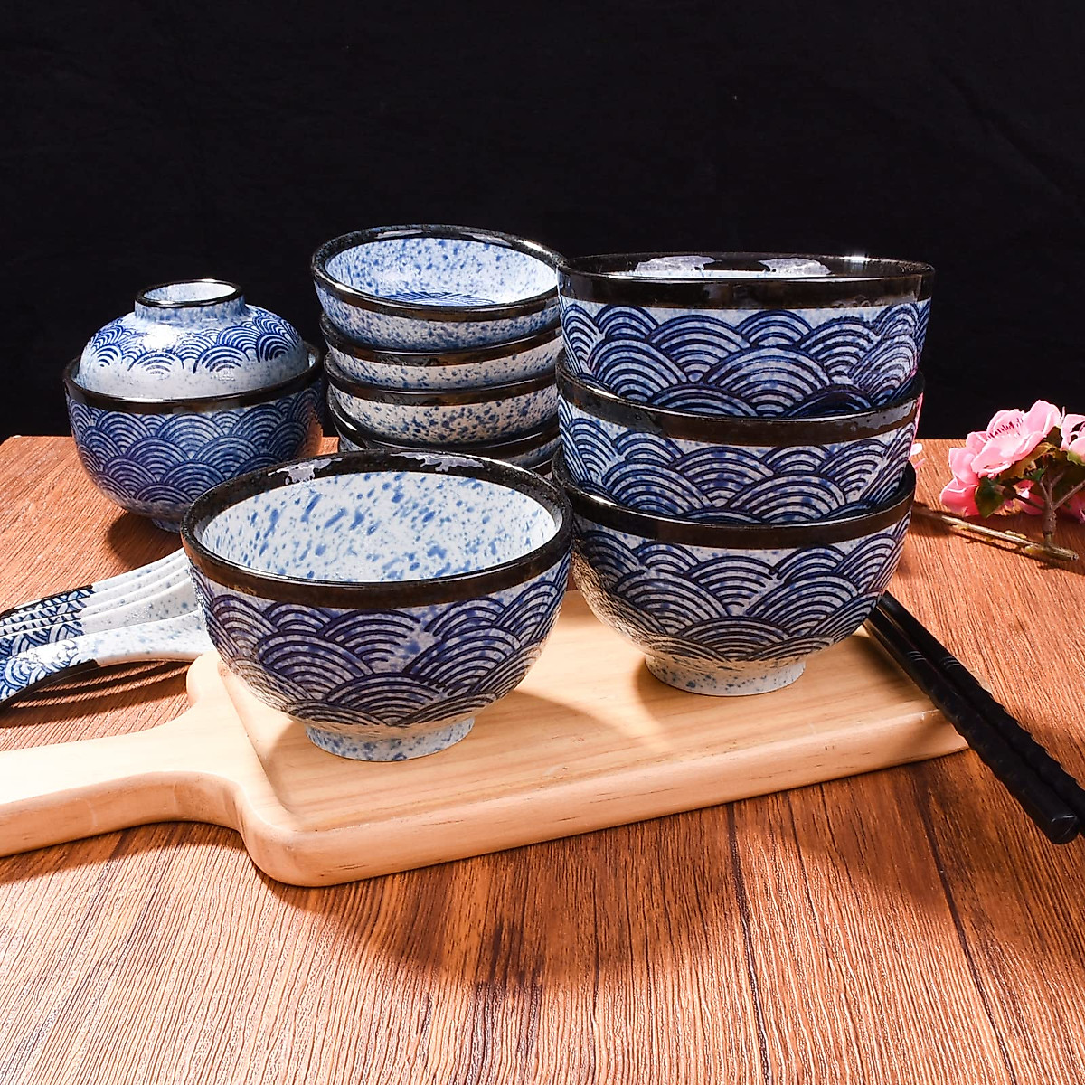 Cerficer Japanese Rice Bowl - 10.2oz Ceramic Sushi Bowl with Blue Wave Pattern,Thickened Bowl Wall,Perfect Small Bowl for Rice, Snacks, Desserts, and Sauces,Asian Rice Bowl Set