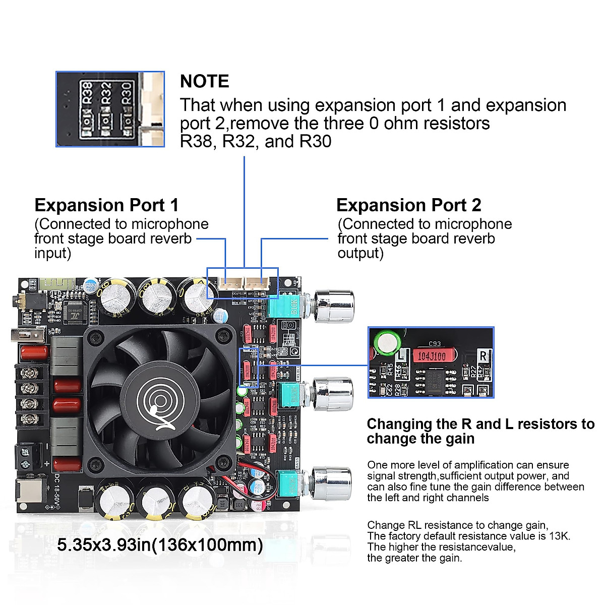ZK-3002T 300W+300W Bluetooth Digital Amplifier Board TPA3255 Chip 2.0 Channel with Treble and Bass Adjustment (ZK-3002T)