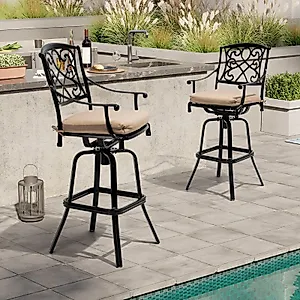 Crestlive Products Heavy Duty Cast Aluminum Frame & Sunbrella Fabric Cushion Counter Height Swivel Bar Stool All Weather Patio Furniture Antique Brown Finish for Outdoor Indoor, 2 PCS (Beige)