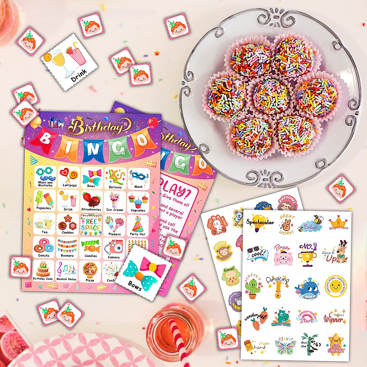 Birthday Bingo Game for Kids Toddlers 24 Players Happy Birthday Bingo Cards with 40Pcs Reward Stickers School Family Party Favors Gifts Classroom Activities Board Game Holiday