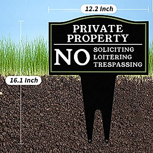 CIGERA Private Property No Trespassing, No Soliciting and No Loitering Signs with Stake, 16x12.5 Inch Rust Free Metal Yard Warning Signs, Great for House and Business