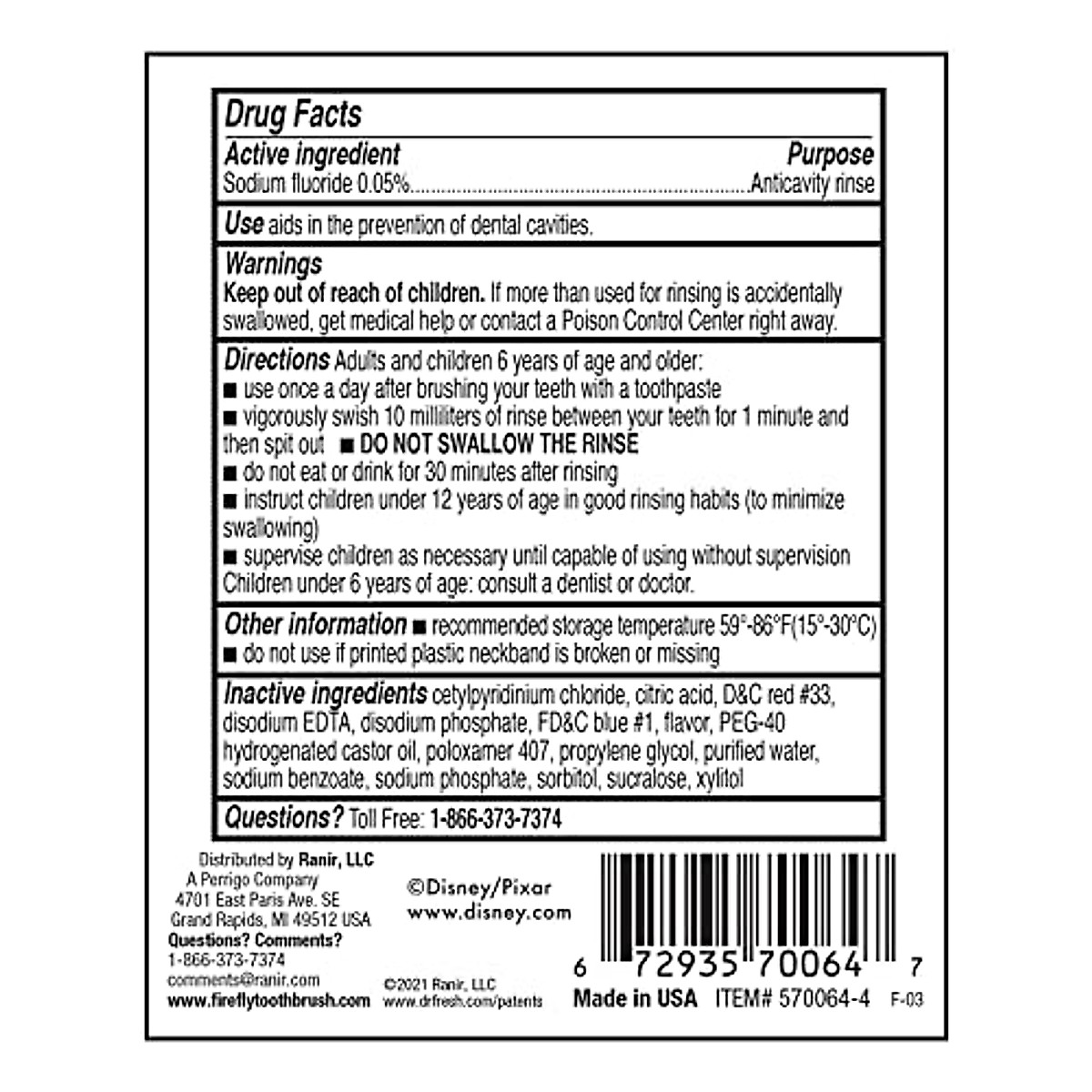 Firefly Anticavity Fluoride Rinse, Toy Story, Alcohol Free Formula, ADA Accepted, Helps Prevent Cavities, Bubble Berry Flavor, 16 Ounce