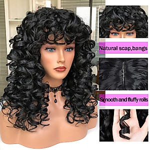 Annivia Curly Wig with Bangs for Black Women Black Kinky Long Curly Wig Synthetic Hair Daily Use Cosplay 17 Inch