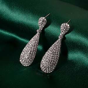 Moonstruck Costume Jewelry Diamond Studded Metal Drop and Dangle Crystal Teardrop Earrings for Women Wedding Party(Silver)