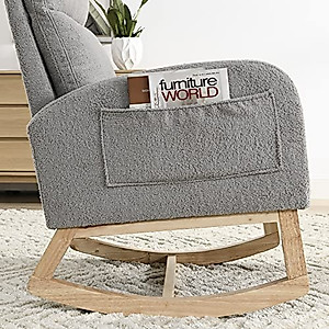 Sybrioka Modern Teddy Accent Rocking Chair,27" W Upholstered Glider Rocker for Baby and Kids,Two Side Pocket,Comfy Armchair, Living Room Lounge Arm Chair with High Backrest (Teddy, Grey)