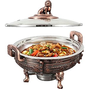 FLTRGO Red Bronze Chafing Dish, Round Buffet Server Trays with Glass Lids and Alcohol Furnace, for Kitchen Buffet Dining Party Wedding Banquet