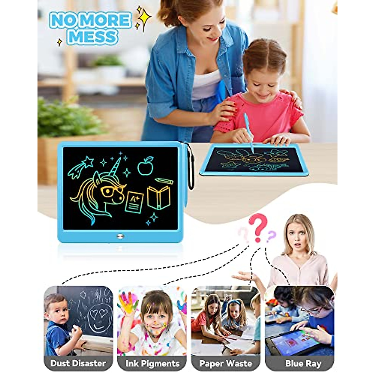 KOKODI 12 Inch LCD Writing Tablet with Anti-Lost Stylus, Erasable Doodle Board Colorful Toddler Drawing Pad, Car Travel School Games Toys for 3 4 5 6 7 8 Kids, Birthday Gift for Girls Boys Adults Blue