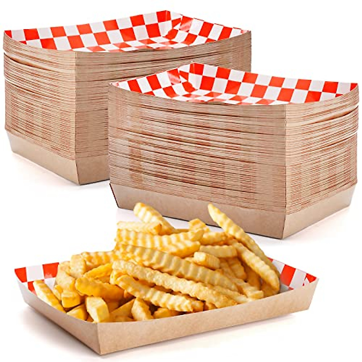 ZENFUN 80 Pack Paper Food Serving Trays, 2 LB Cardboard Food Boats Checkered Kraft Tray, Greaseproof Fast Food Snack Holder for Snack, Hot Dog, Hamburger and Chips, Party, Red and White