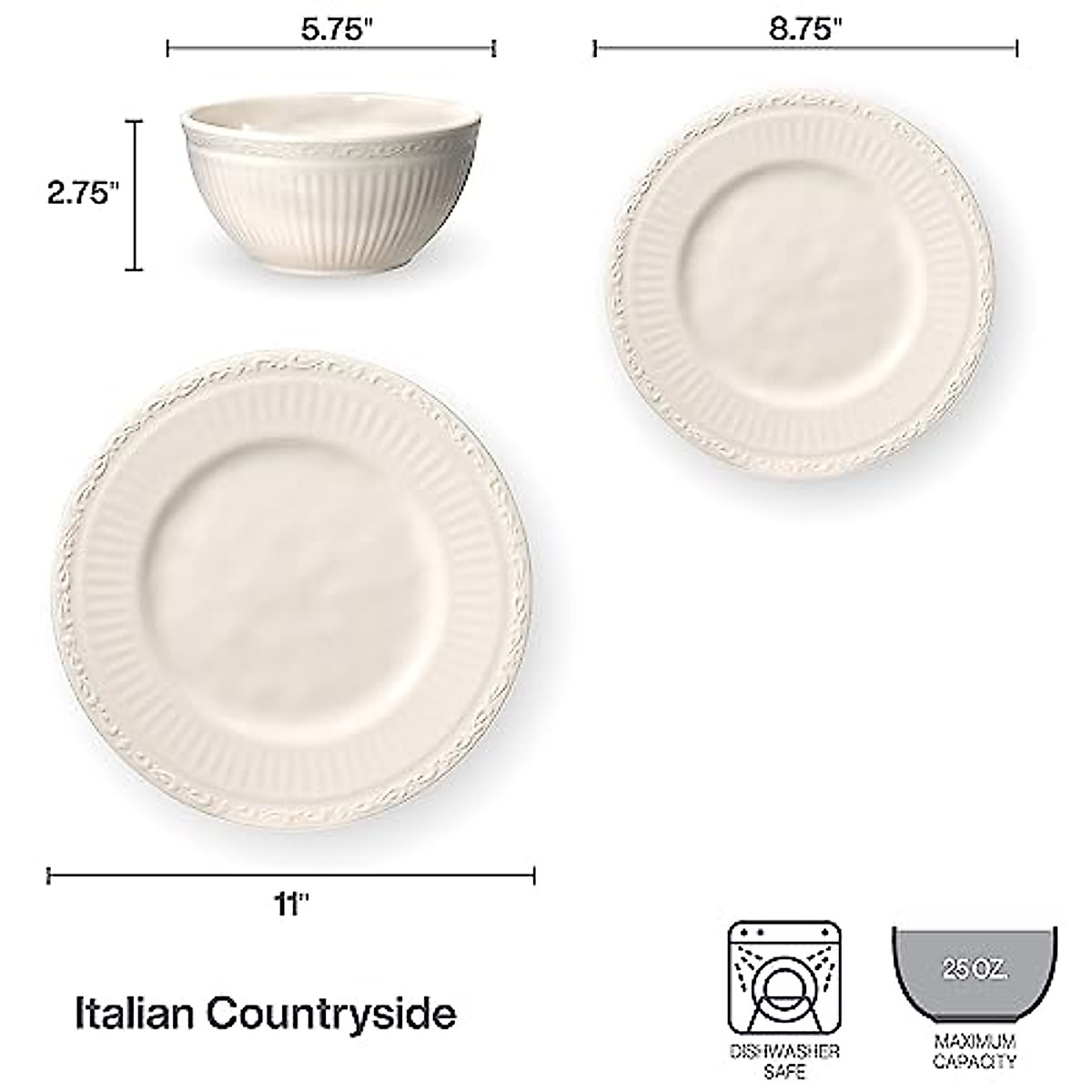 Mikasa Italian Countryside Melamine Outdoor Dinnerware Set, Service for 4, Cream, 12 Piece